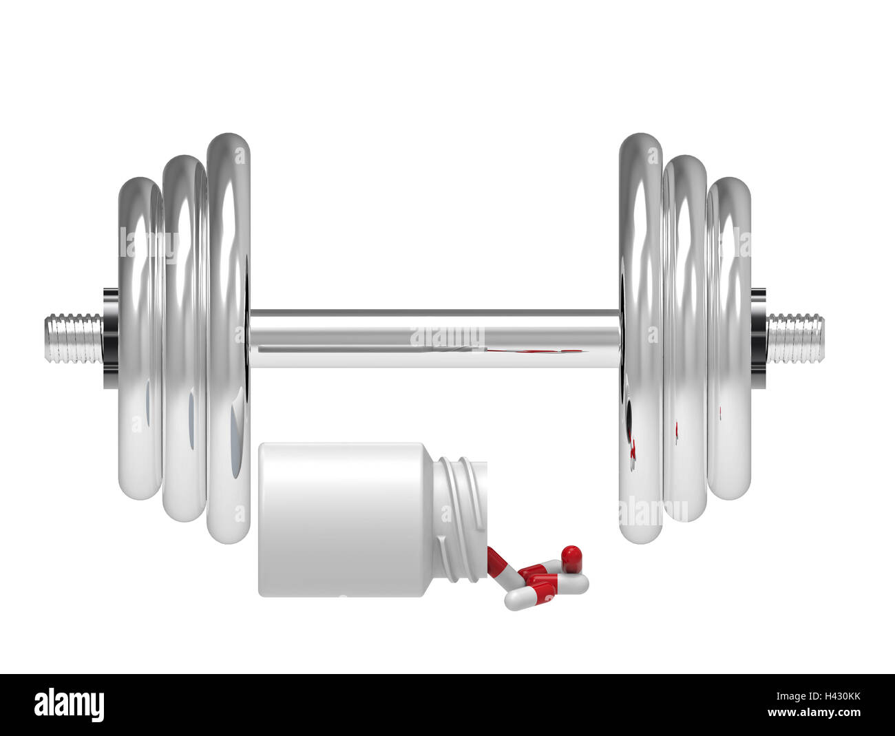 Dumbbell with vial of pills, on white background, 3D rendering Stock ...
