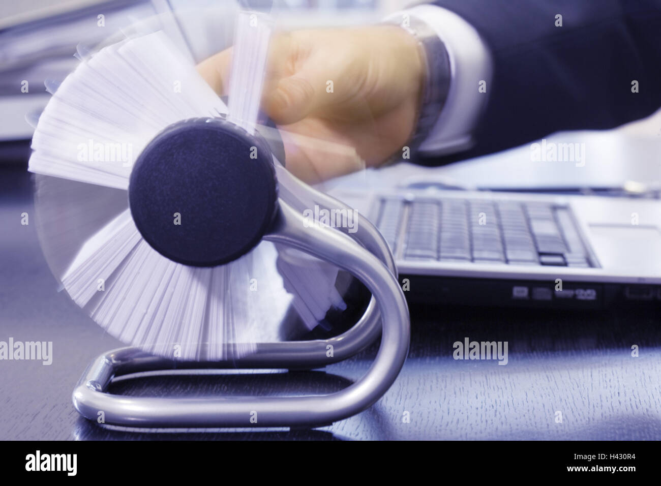 Desk, laptop, man, detail, hand, Rolodex, pages, Series, office ...