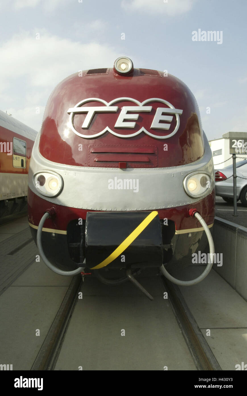 Railway station, fish oil European express train, locomotive, front ...