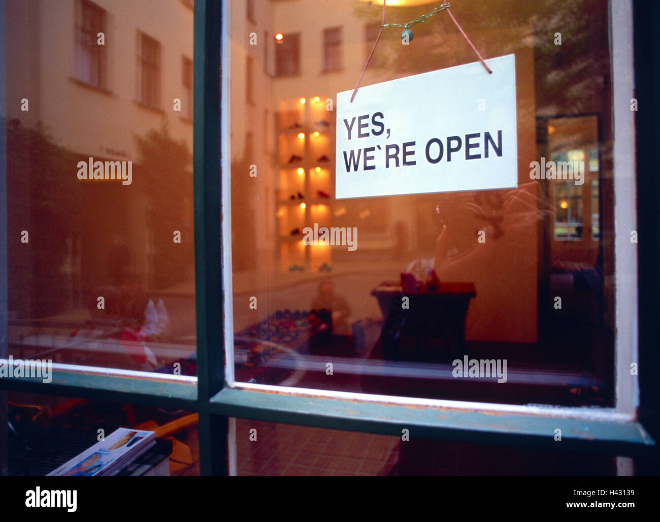 Business, front door, detail, sign, "Yes, we're open", boutique ...