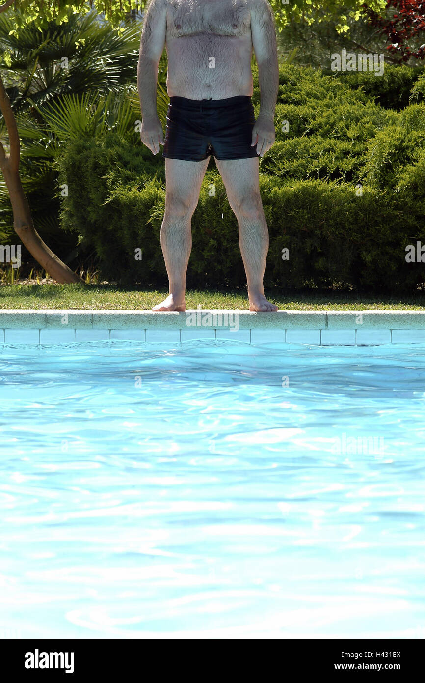 Pool margin, man, swimming trunks, stand, curled, pool, swimming pool ...