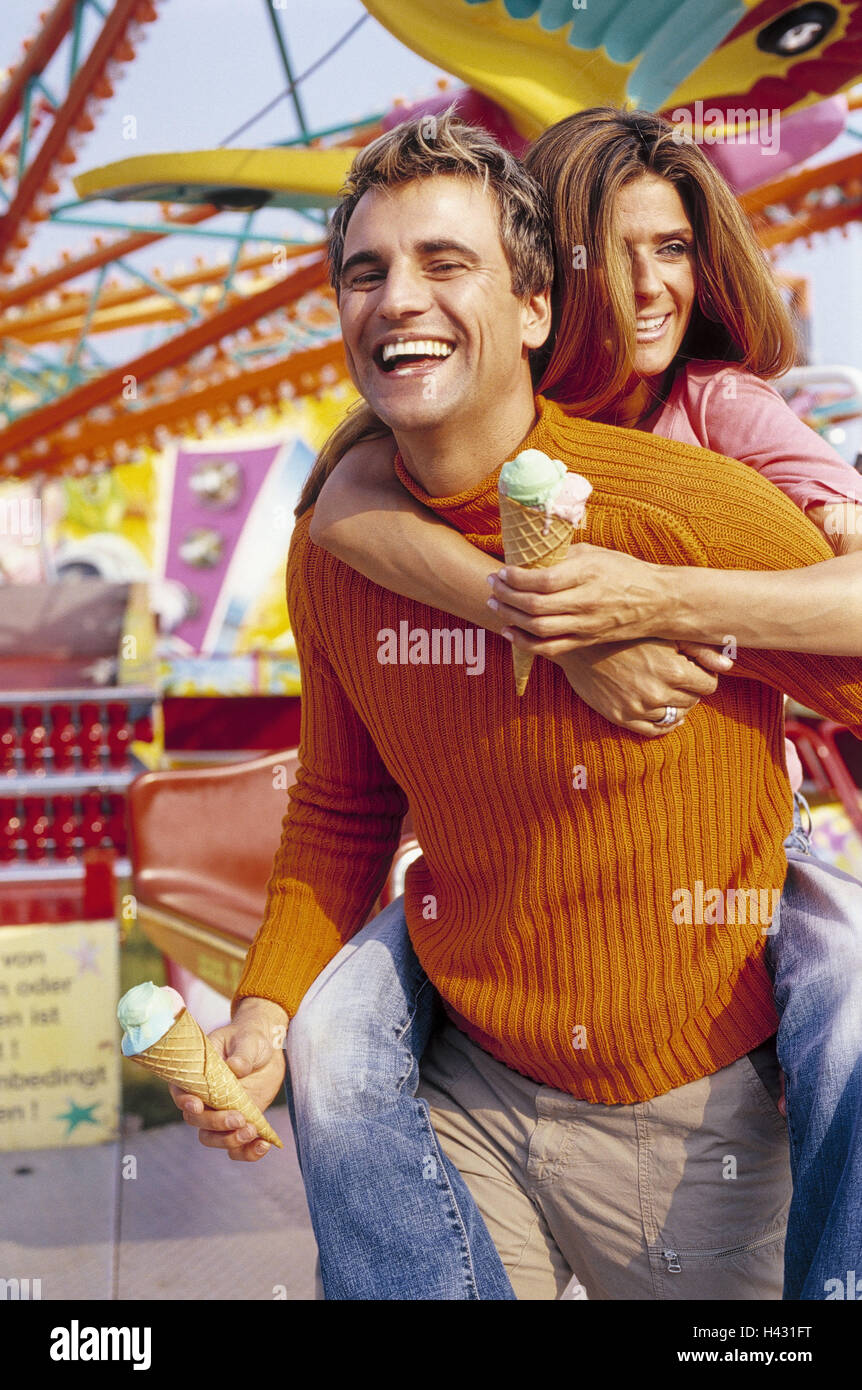 Amusement park, couple, waffle ice, melted, pickaback, laugh 30-40 ...
