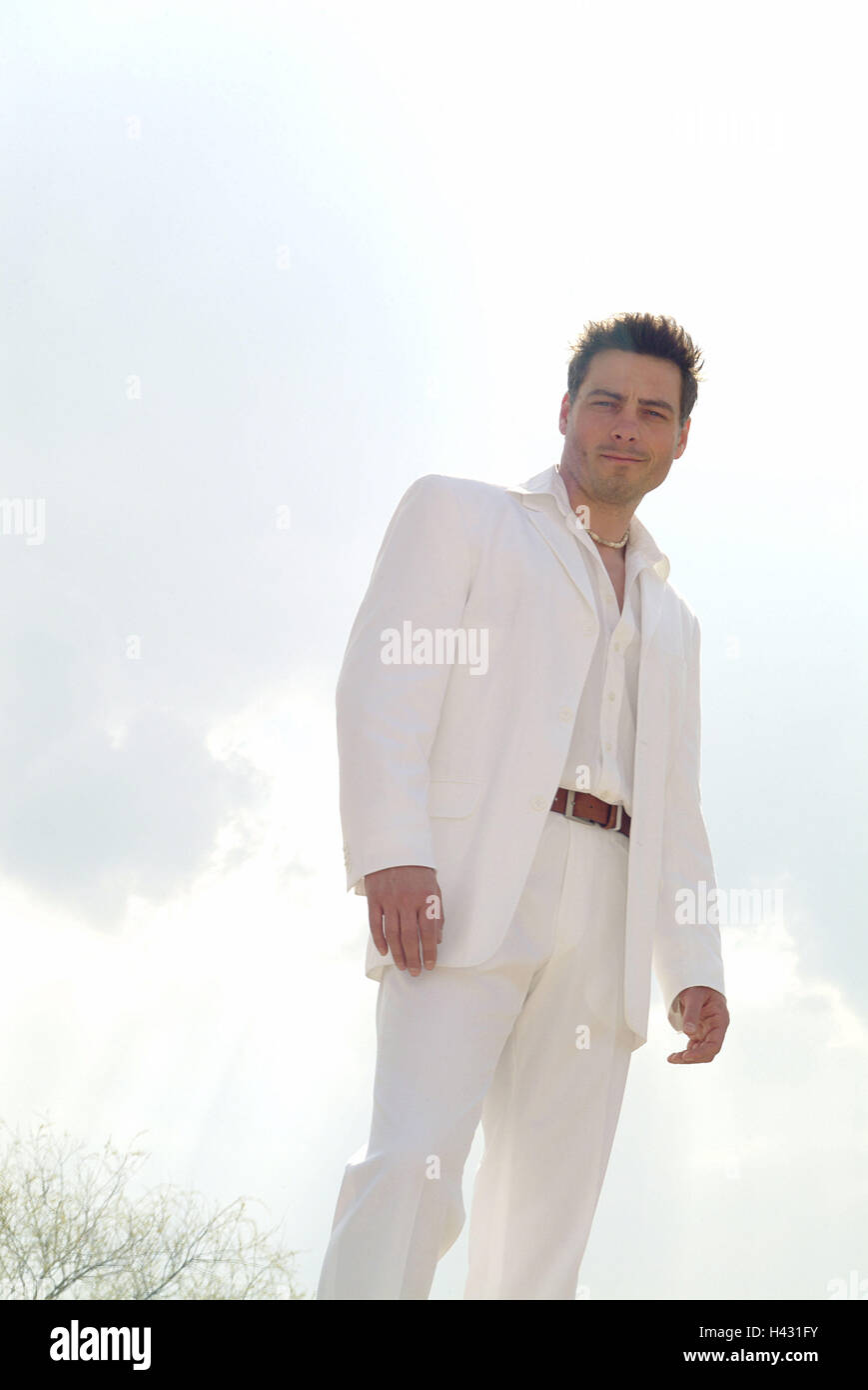 Man, careless, suit, white, there stand, from below, 30-40 years, dark ...