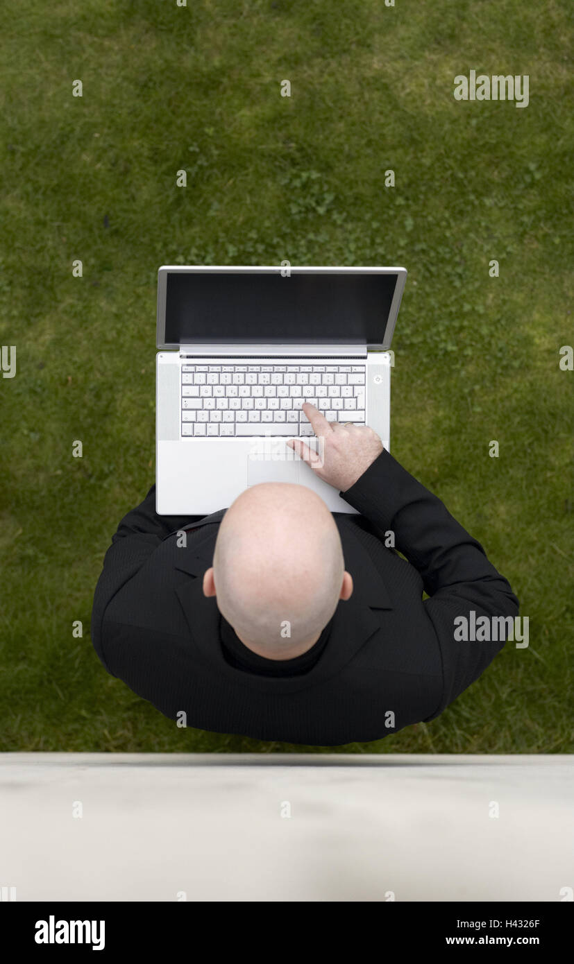 Man, bald head, laptop, from above, Glatzkopf, head, bald, computer ...