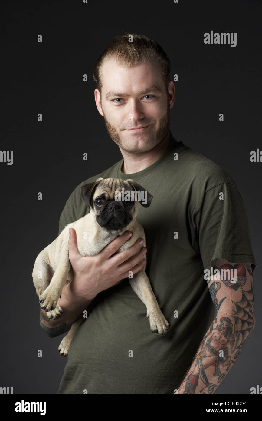 Man, dog, pug, wear, studio, half portrait Stock Photo - Alamy