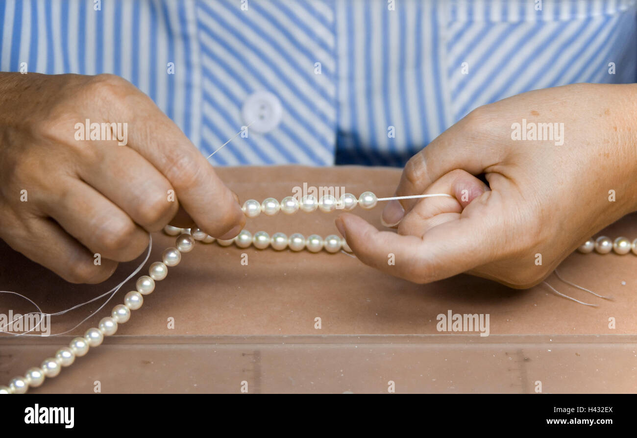 Woman, detail, hands, pearls, needle, thread, thread, people, work ...