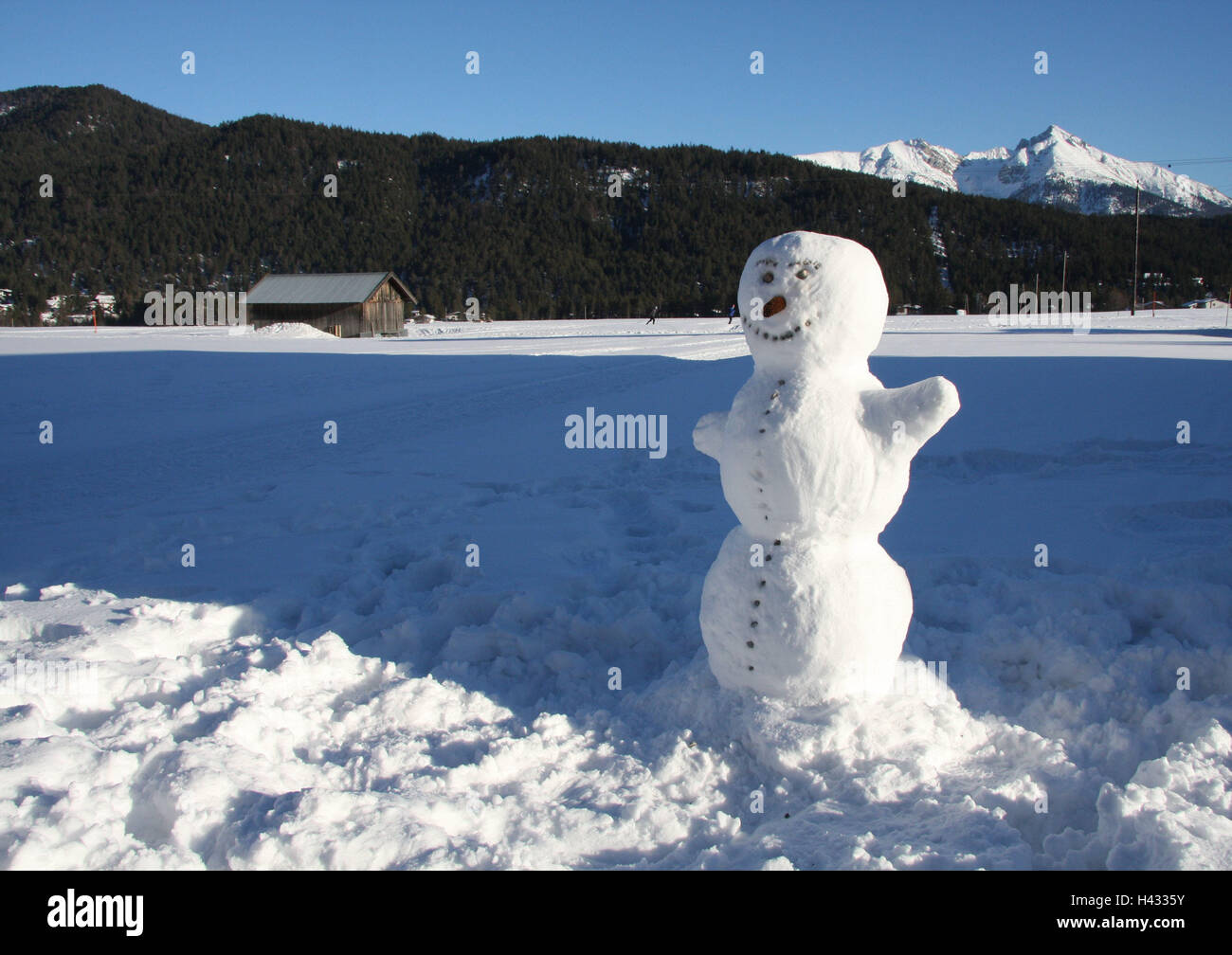 Snowman, winter scenery, seasons, field, snowy, mountains, snow, figure ...
