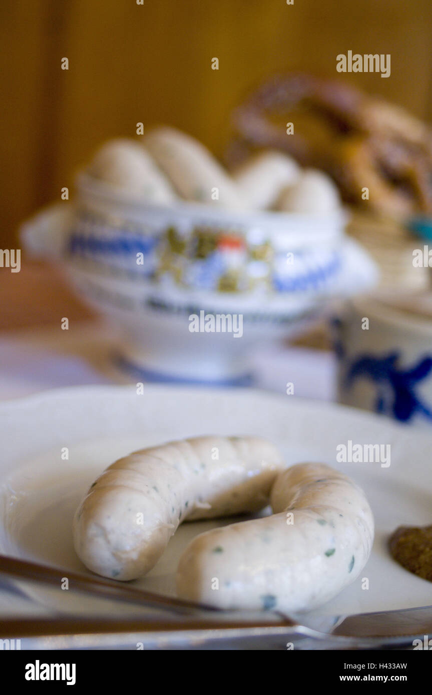 Table, plate, pot, veal sausages, Brezen, Food, Upper Bavaria, in ...