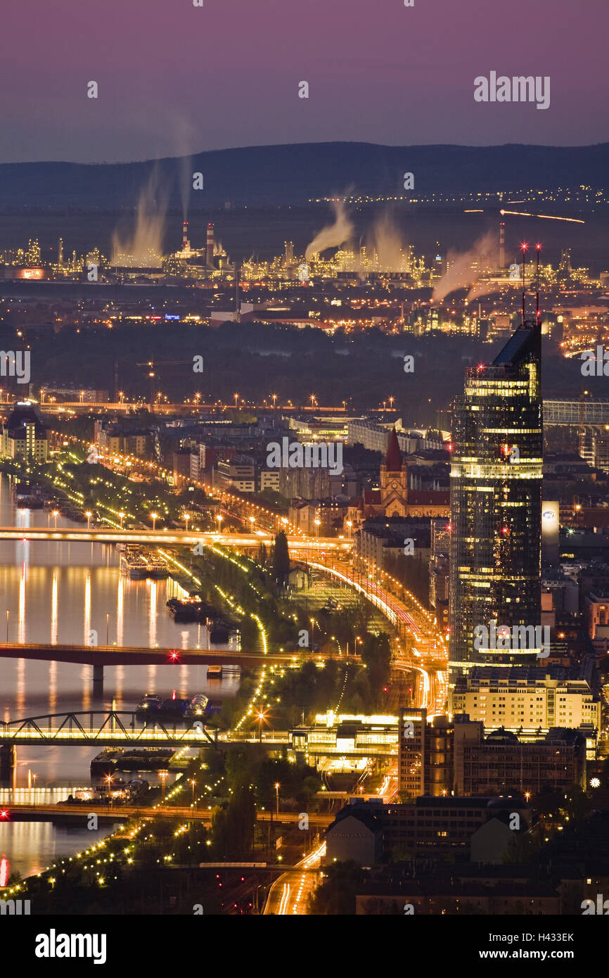 Austria, Vienna, town overview, the Danube, bridges, lights, night ...