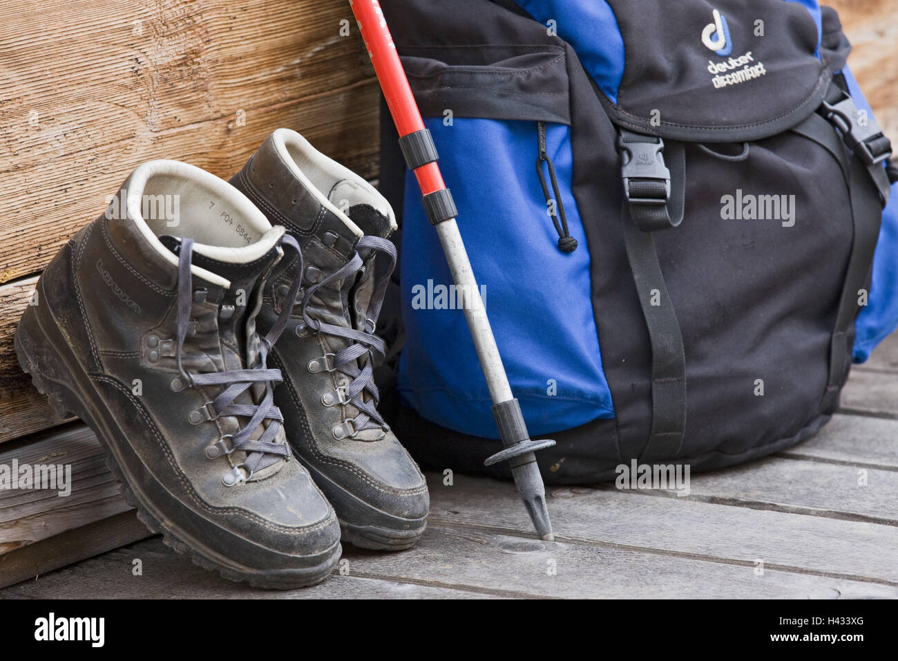walking boots, backpack, hiking sticks Stock Photo - Alamy