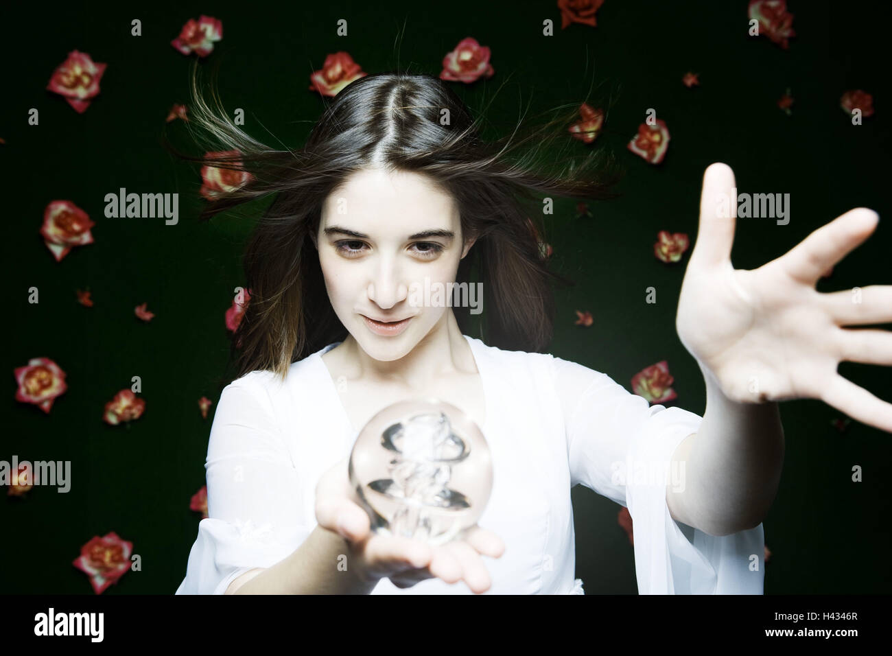 Woman, mystically, gaze, crystal ball, gesture, half portrait, model ...