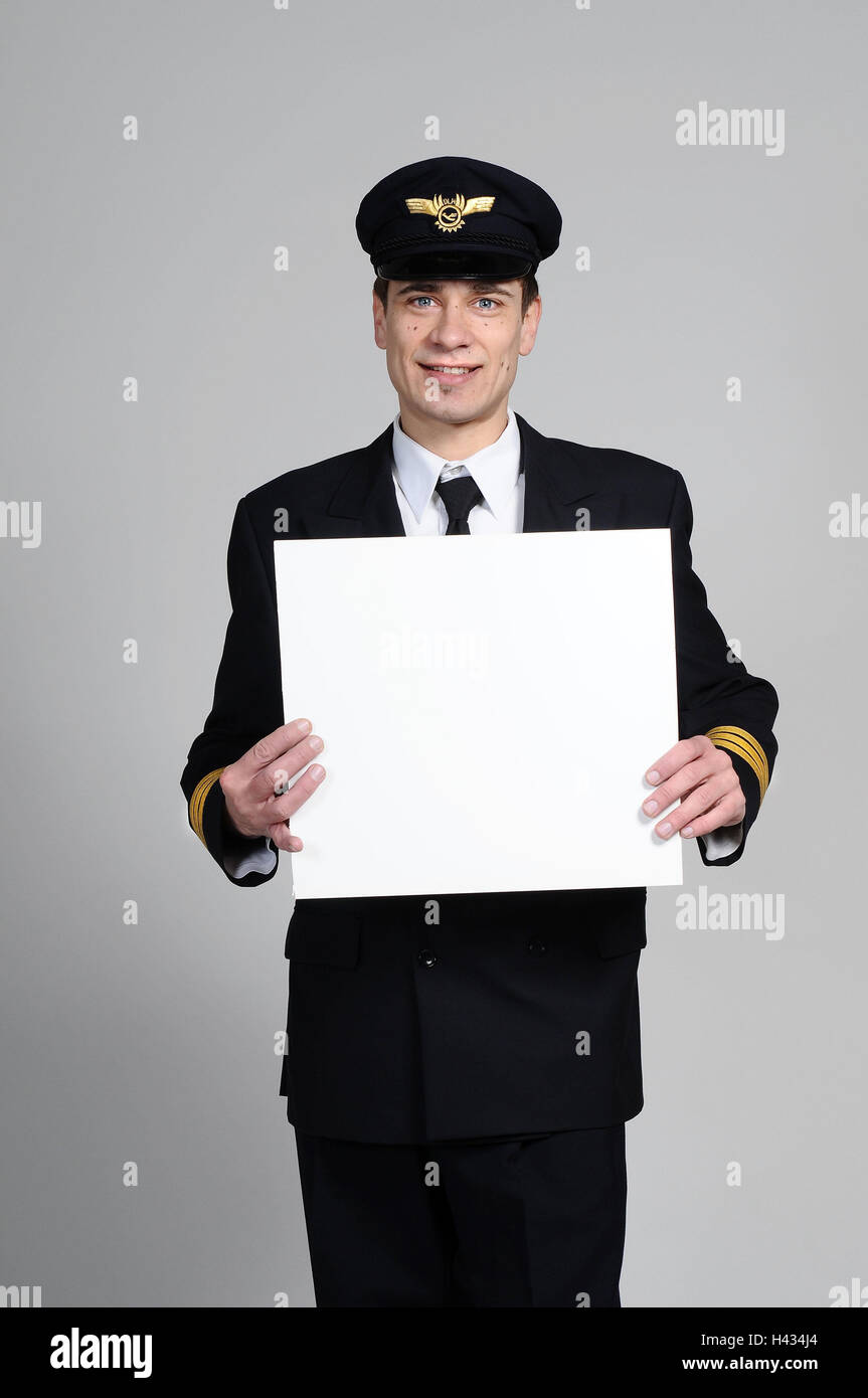 Pilot, smile young, uniform, view camera, sign, show, half portrait ...