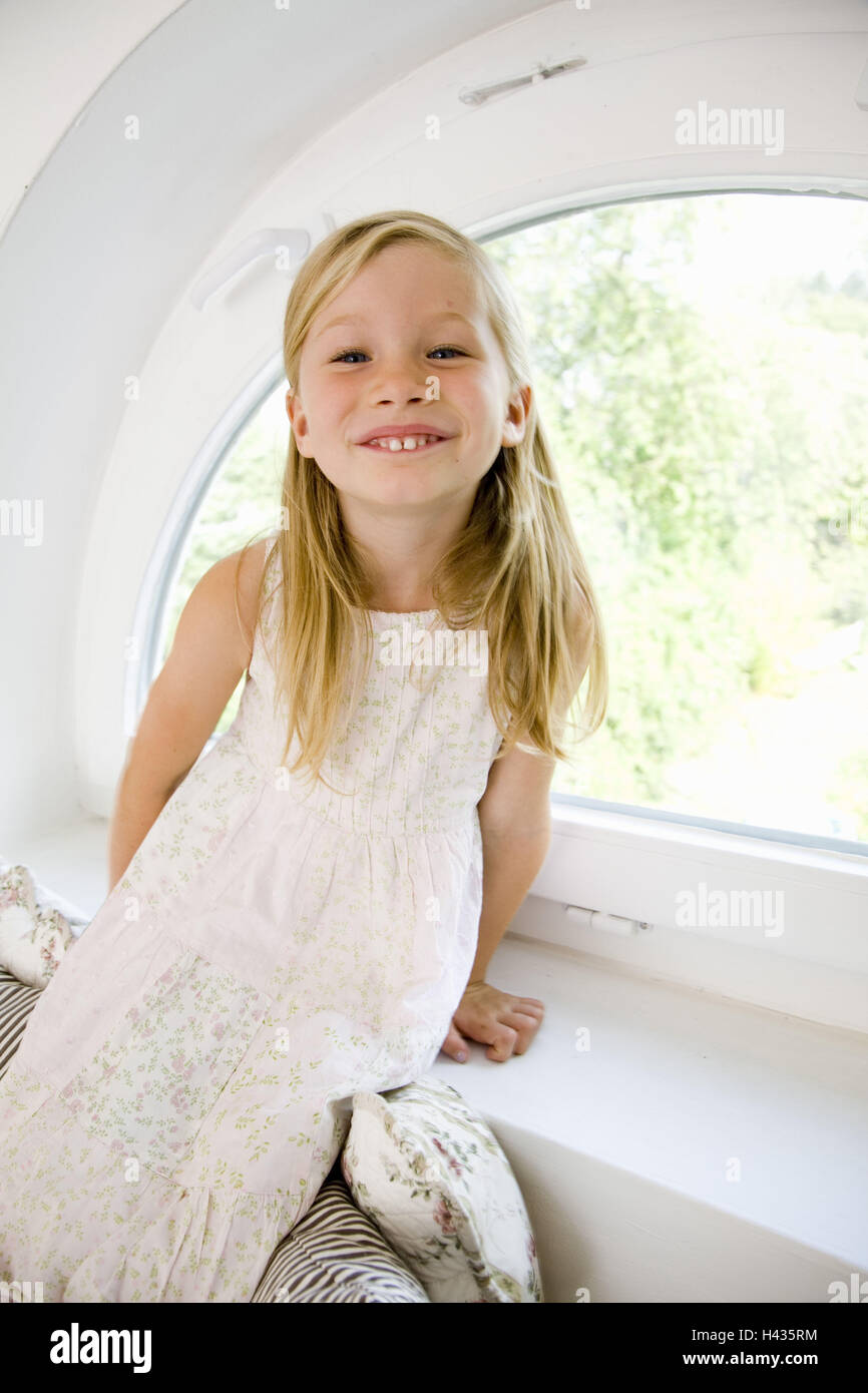 Apartment, bow-windows, child, girls, windowsill, sits, gaze camera ...