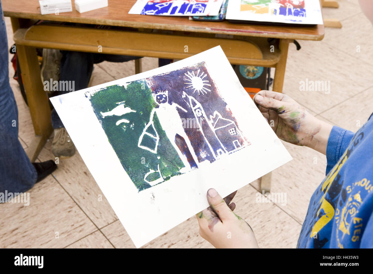 Classroom, art lessons, boy, linocut, looking, cropped Stock Photo - Alamy