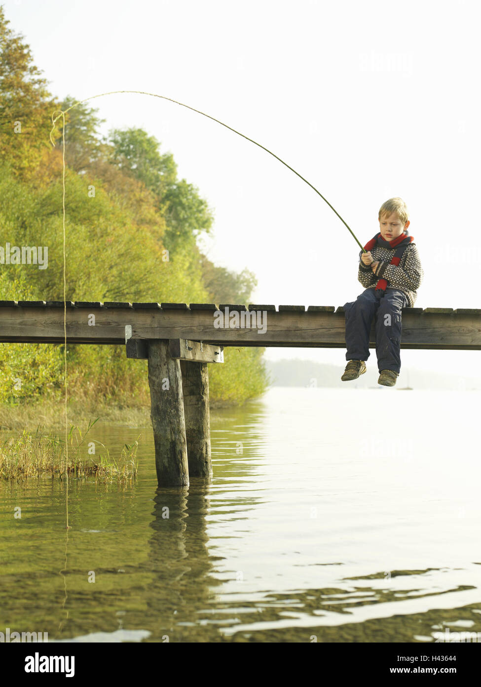 Lakes, bridge, child, boy, sit, fish, wait, autumn, waters, wooden ...