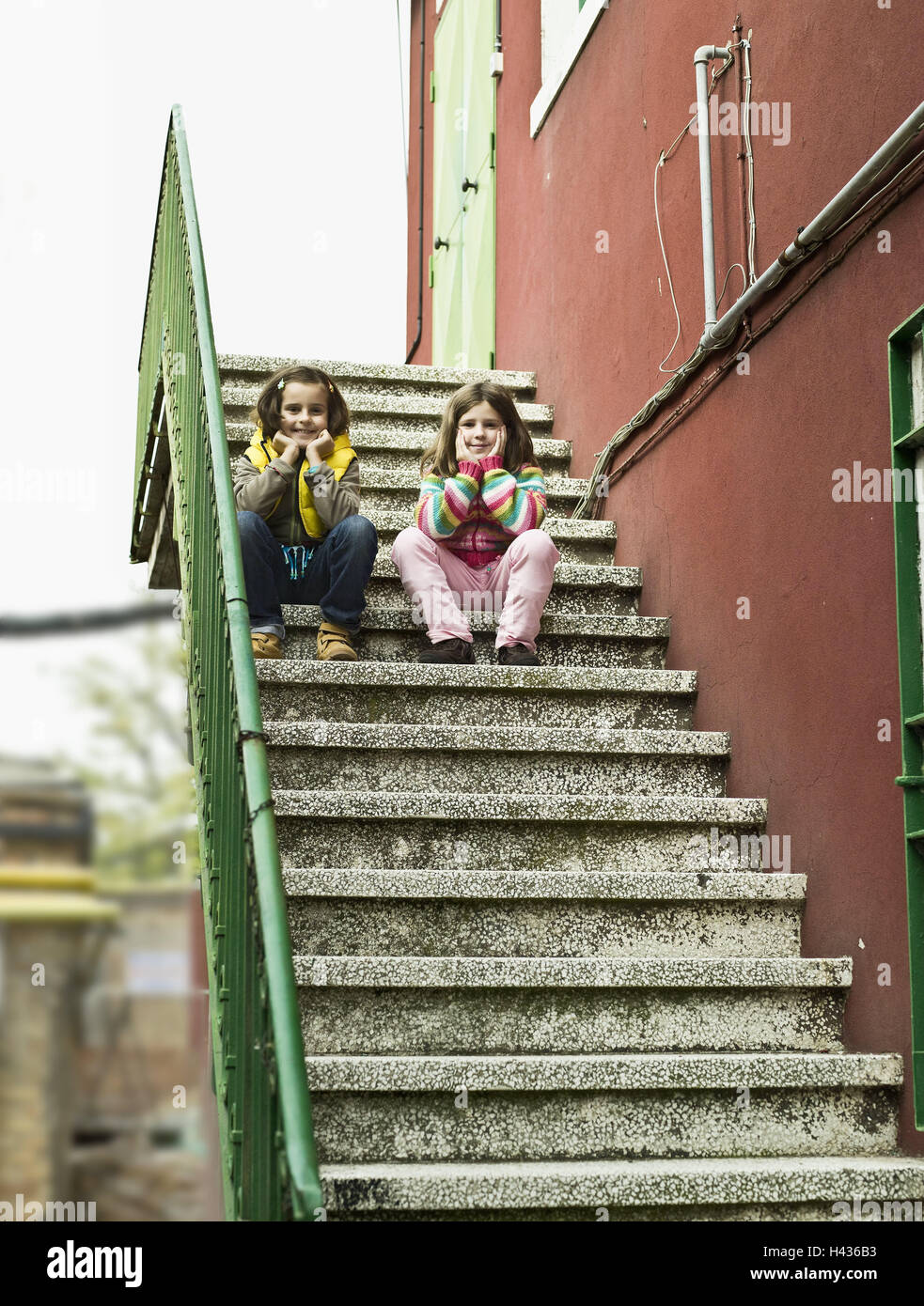 Stairs, girl, two, sit, view camera, smile, people, children, twins ...