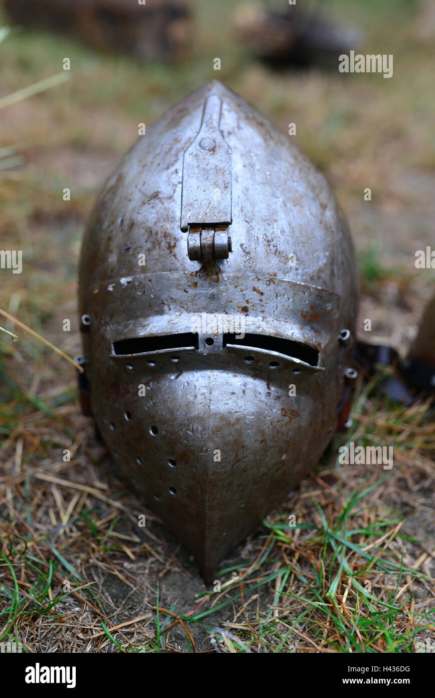 medieval metal helmet props warrior head protection Stock Photo - Alamy