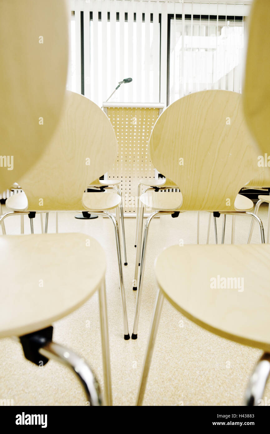 Lecture room, rows of chairs, lectern, microphone, detail Stock Photo ...