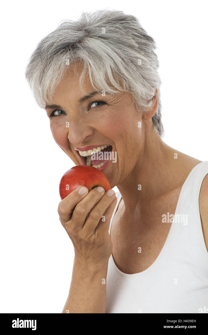 Senior, apple, eat, happy, portrait, person, senior citizens, woman ...