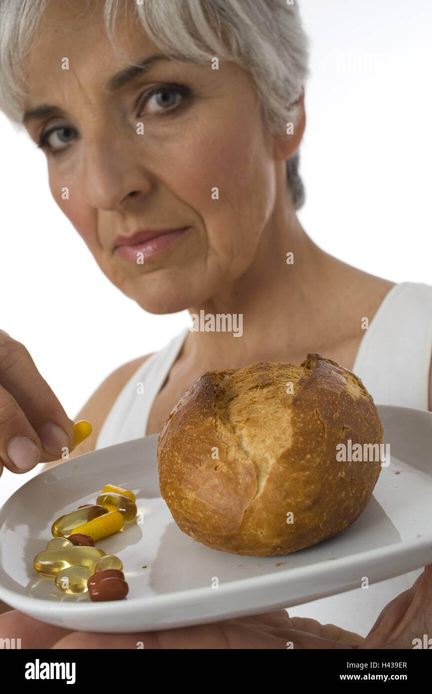 Senior, plate, bread roll, drugs, portrait, curled, people, senior ...