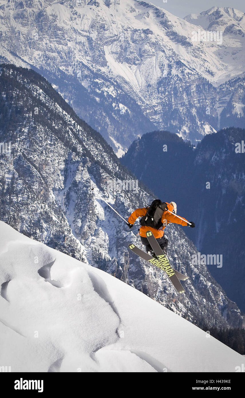 Austria, Vorarlberg, Brandnertal, skier, jump, side view Stock Photo ...