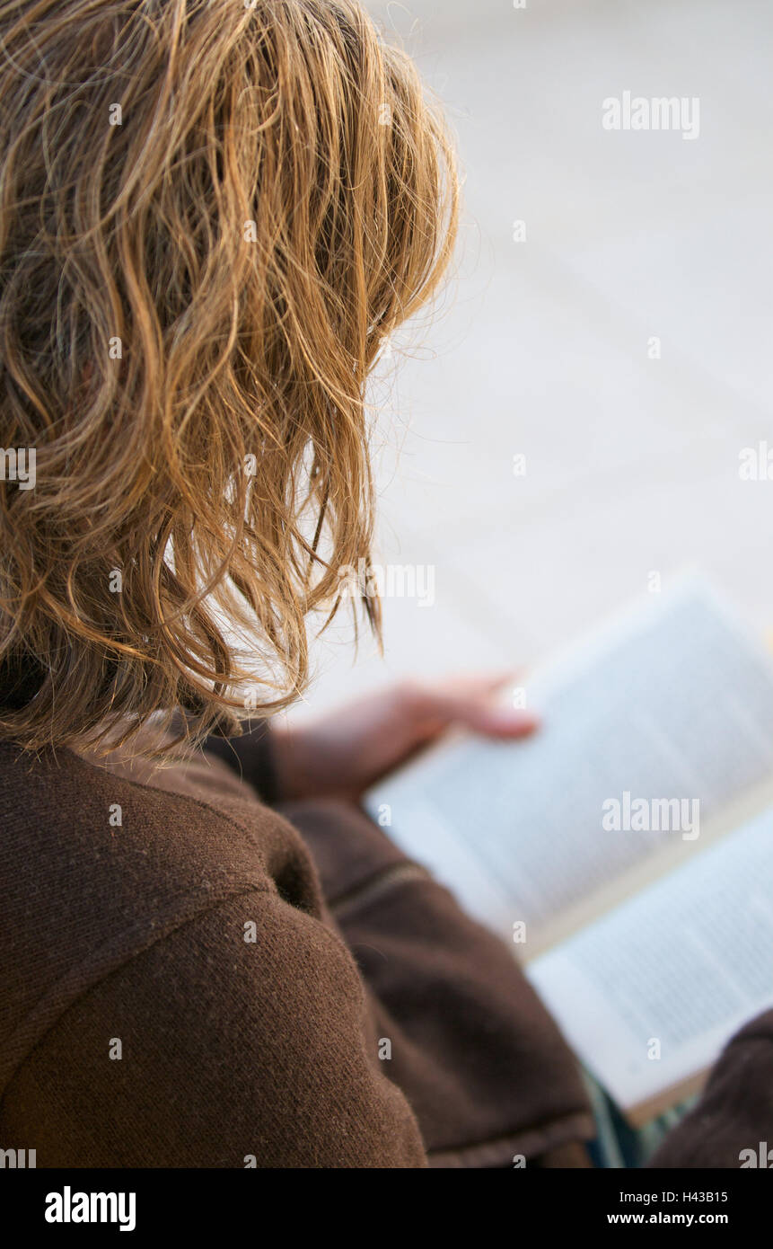 Woman, book, read, back view, curled, people, sit, blond, locks, time ...