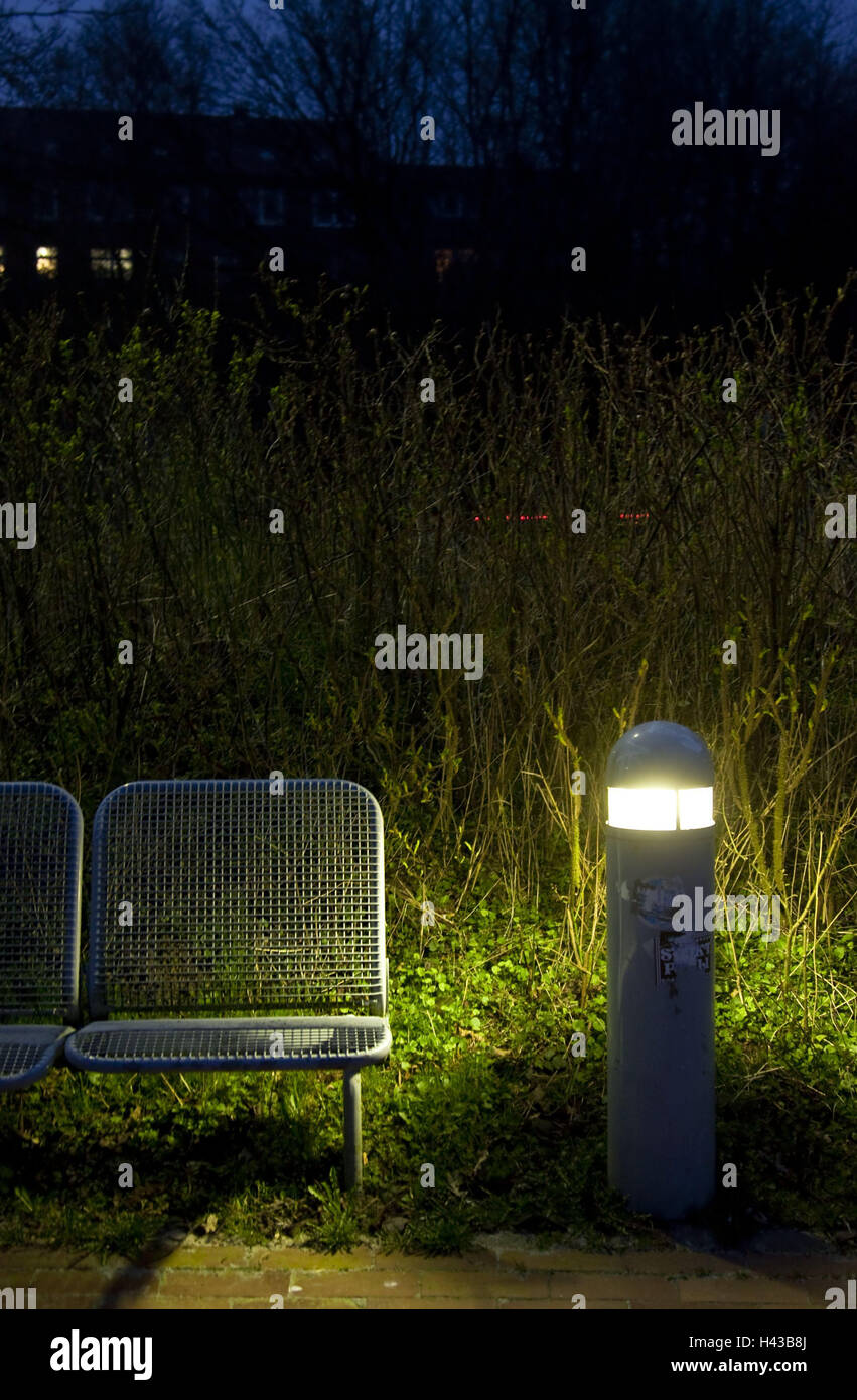 Park-bench, lantern, lighting, evening, shrubs, detail, night, outside ...