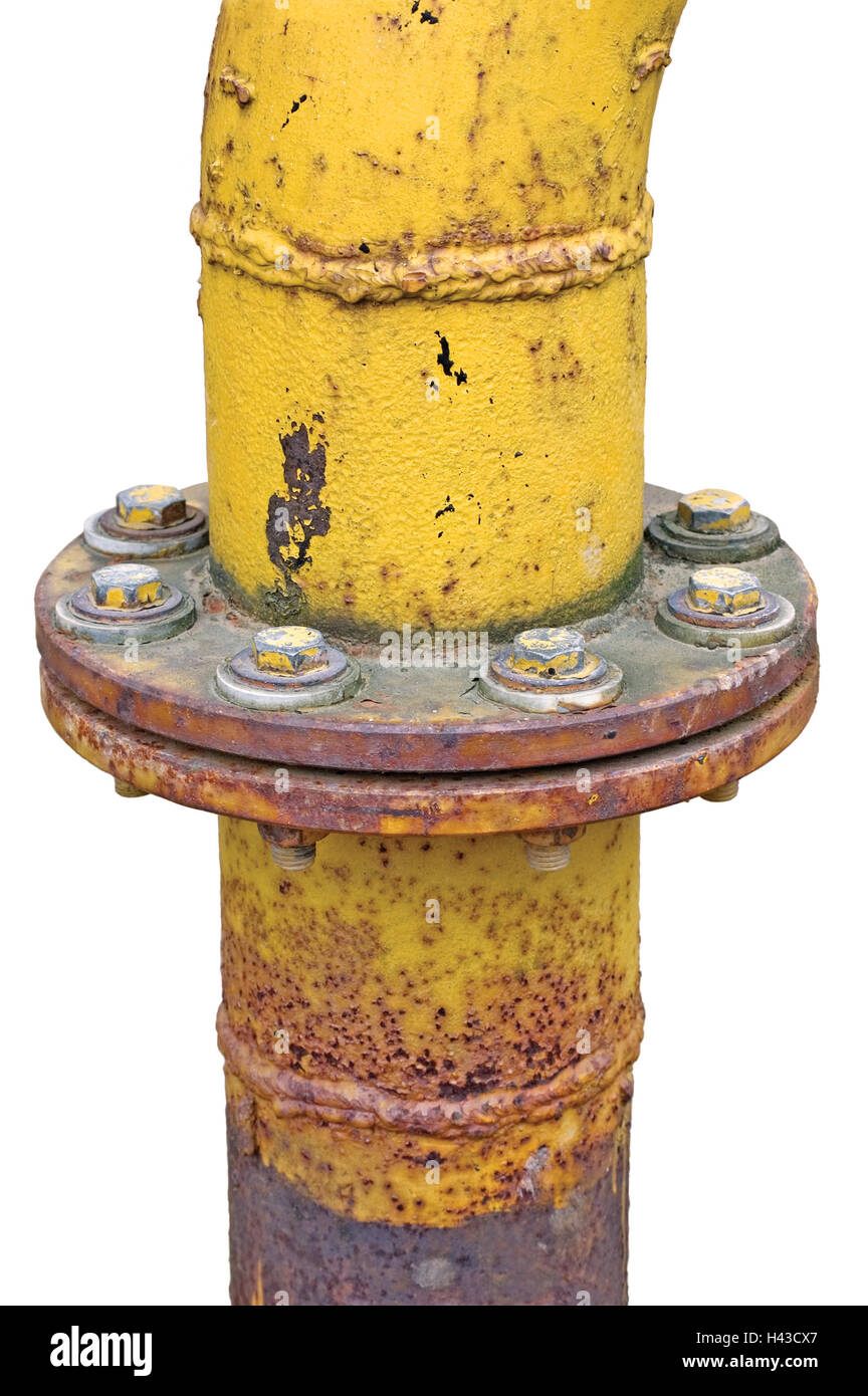 Weathered old aged grunge yellow rusty gas pipe connection flange ...
