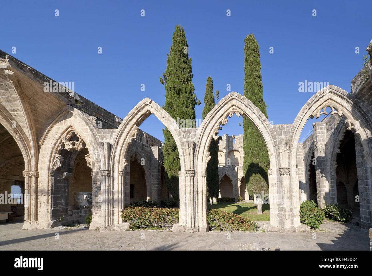 Cyprus, Kyrenia, Bellapais monastery ruin, pointed arches, weathered ...