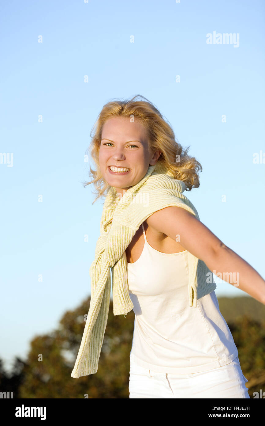 Woman Young Smile Arms Spread Half Portrait Summer Evening Light