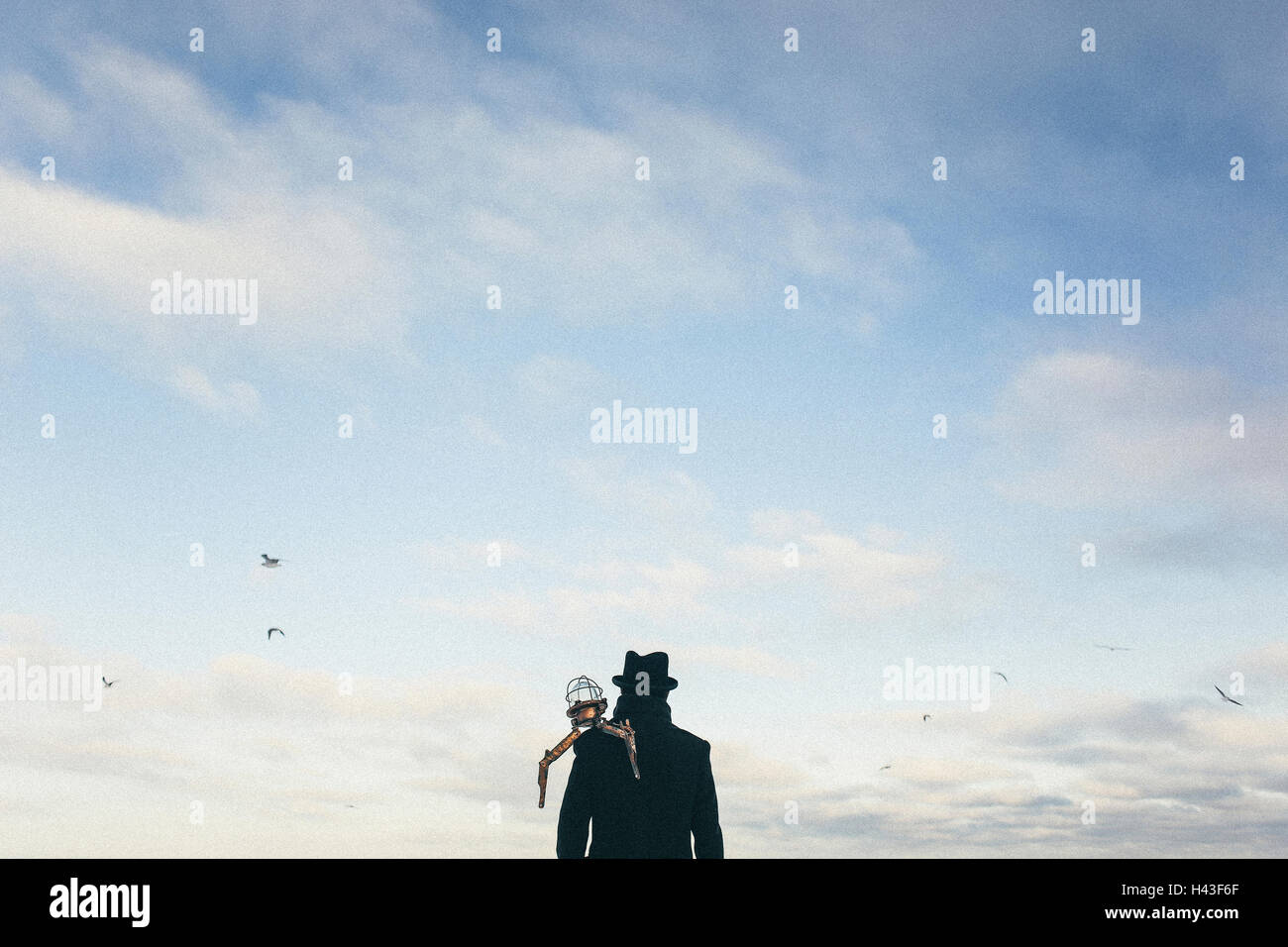 Drone on shoulder of man watching birds fly Stock Photo - Alamy