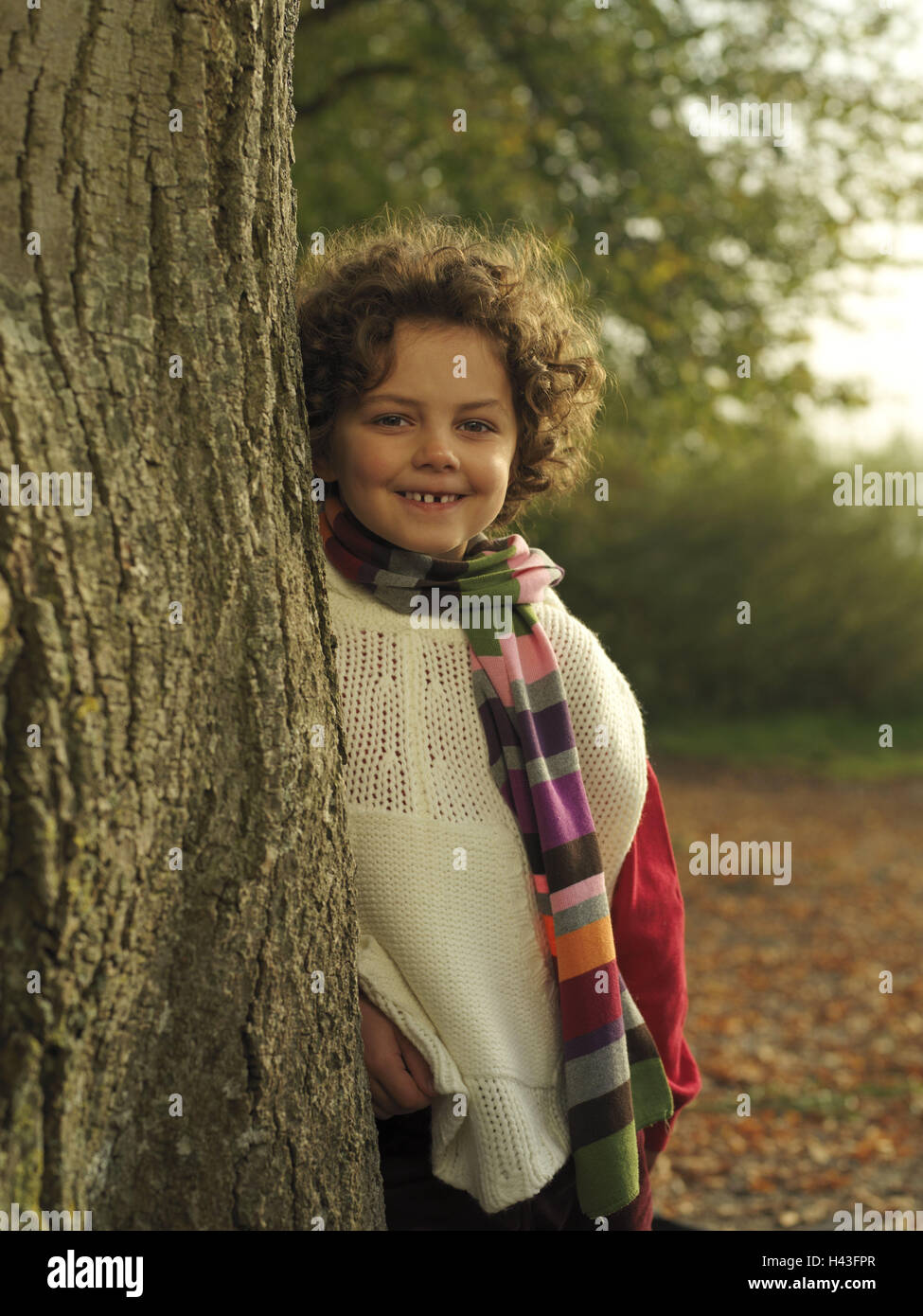 Tree, child, girl, lean, smile, half portrait, autumn, garden, wood ...