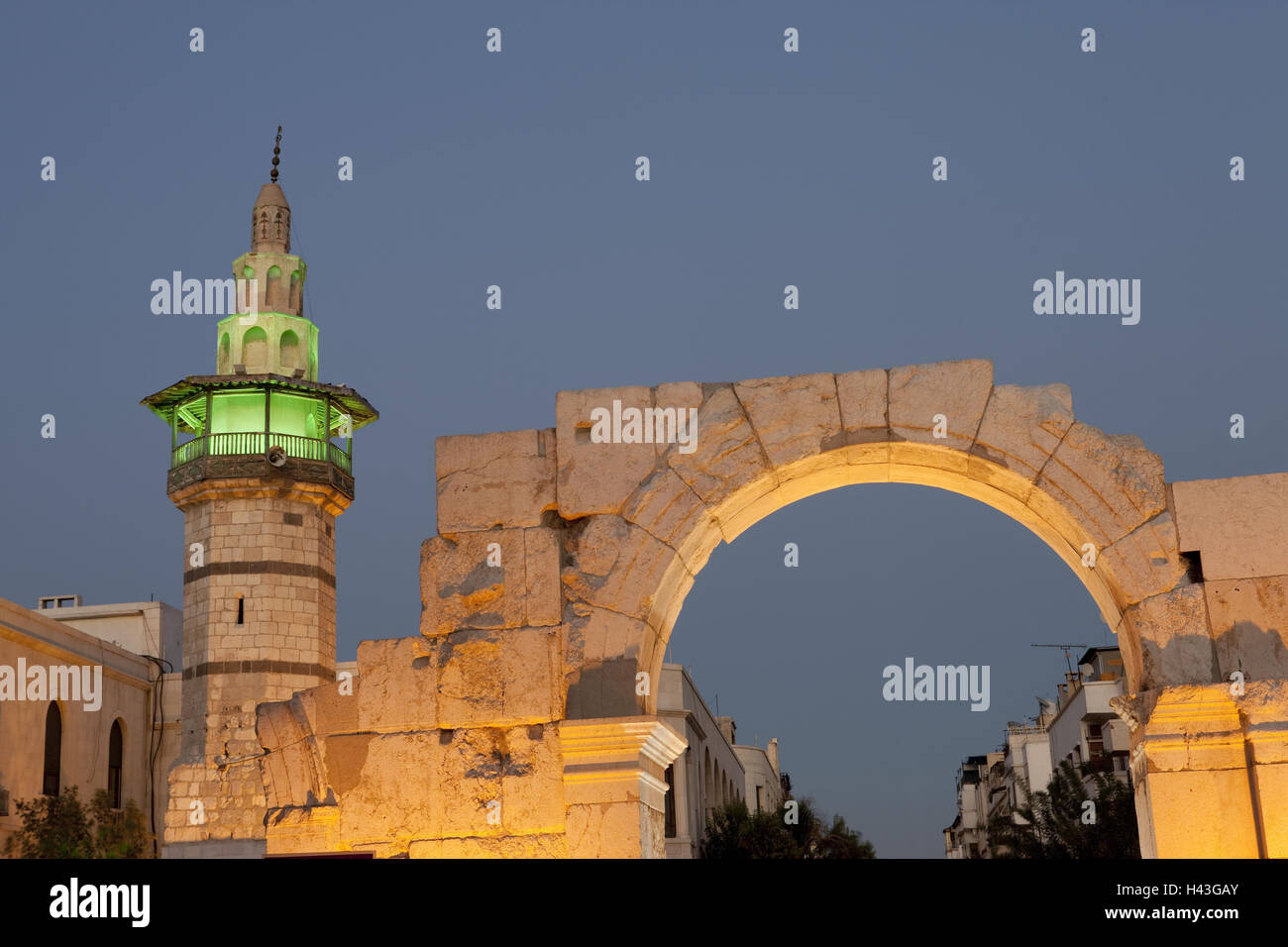 Syria, Damascus, Old Town, Roman goal, minaret, lighting, dusk Stock ...