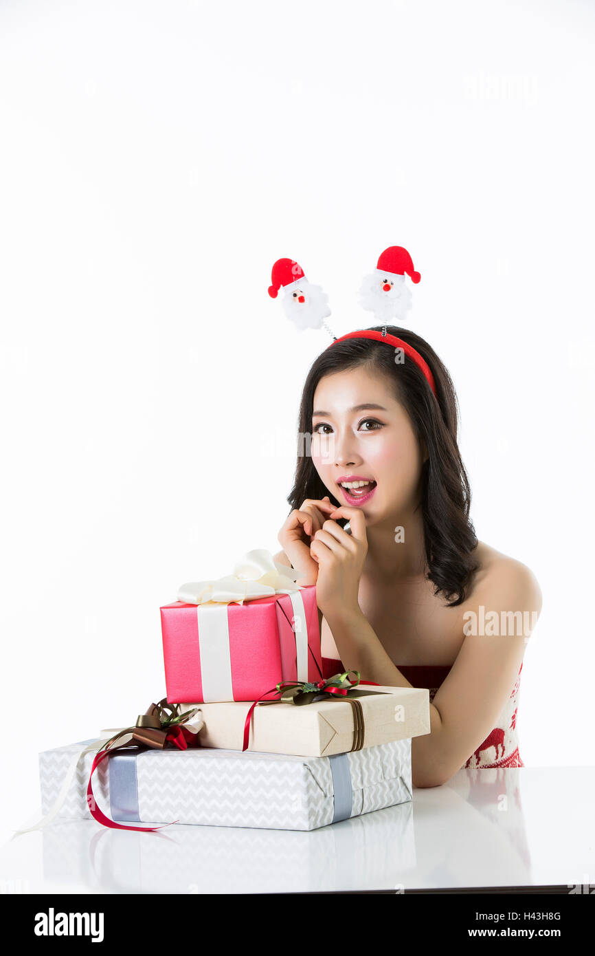 Portrait Of Beautiful Asian Woman Wearing Christmas Santa Costume Stock