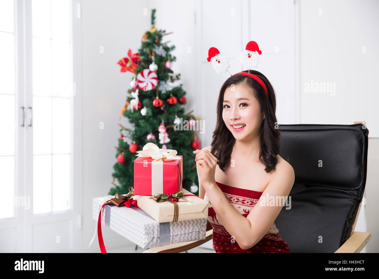 Portrait of Beautiful Asian Woman Wearing Christmas/Santa Costume Stock ...