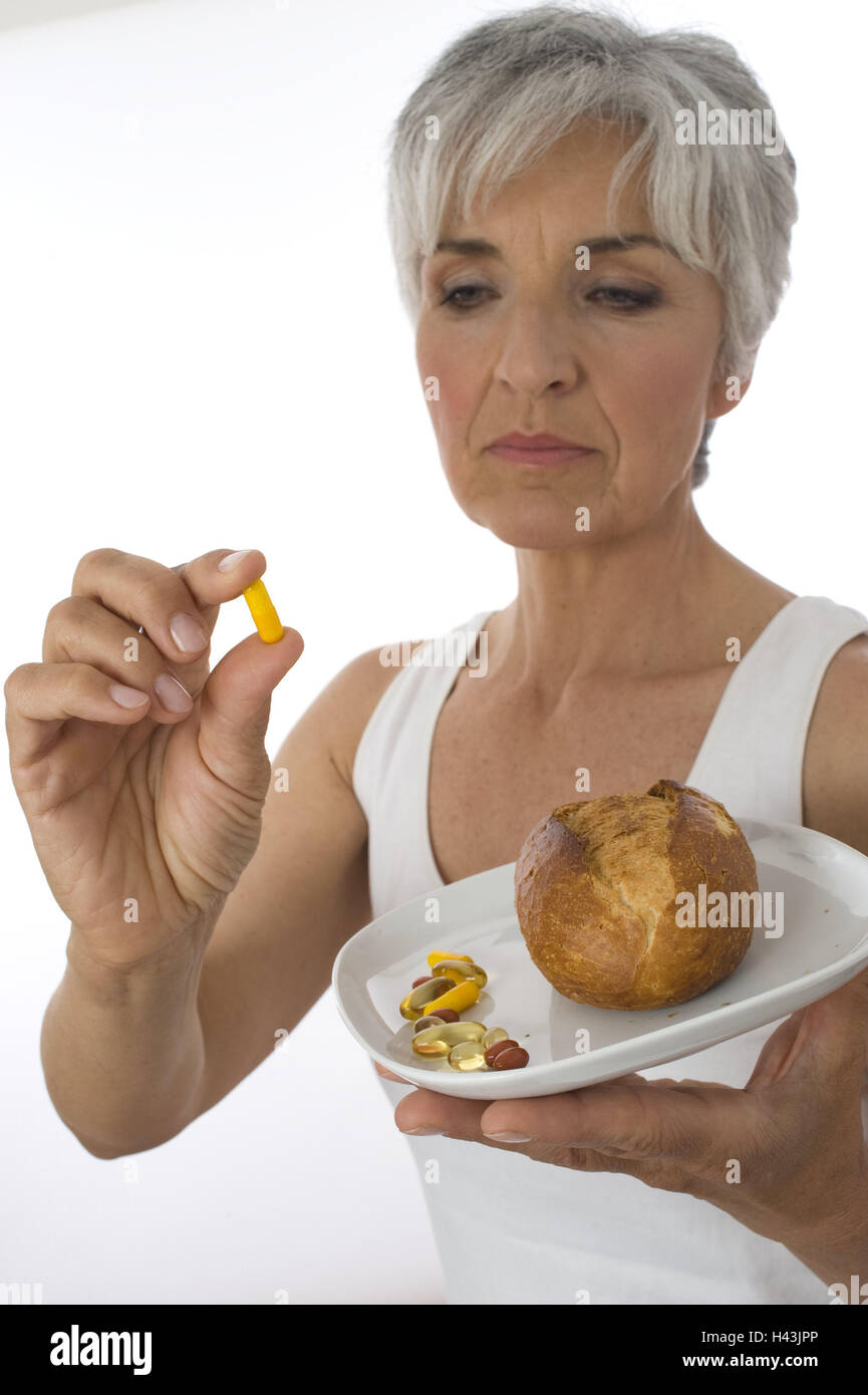 Senior, plate, bread roll, drugs, portrait, curled, people, senior ...