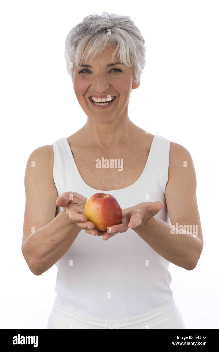 Senior, apple, hold, happy, portrait, person, senior citizens, woman ...