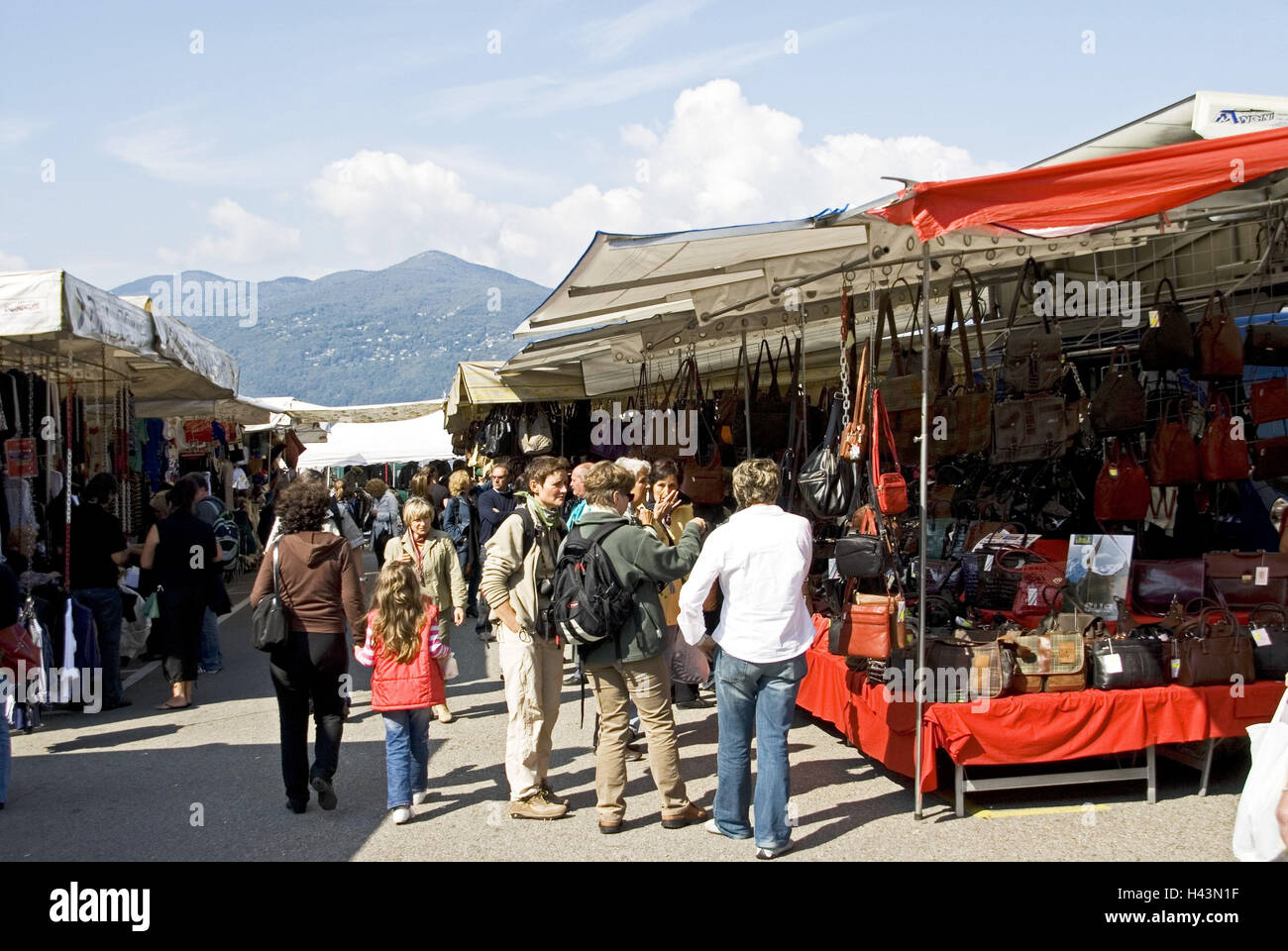 Italy, Northern Italy, Luino, market, market stalls, pouches, leather ...