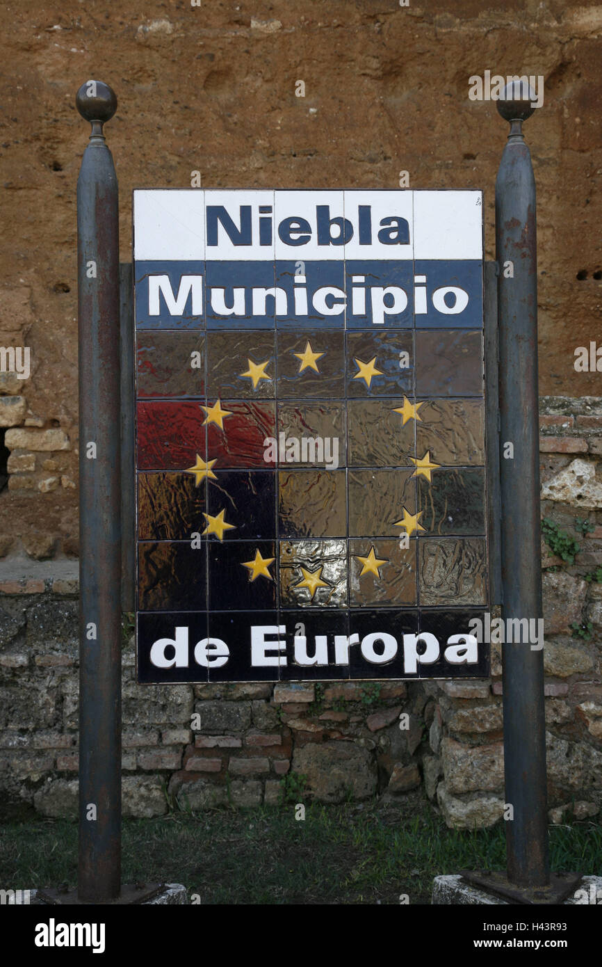 Spain, Andalusia, Niebla, sign, town, city wall, tourism, sign, sign ...
