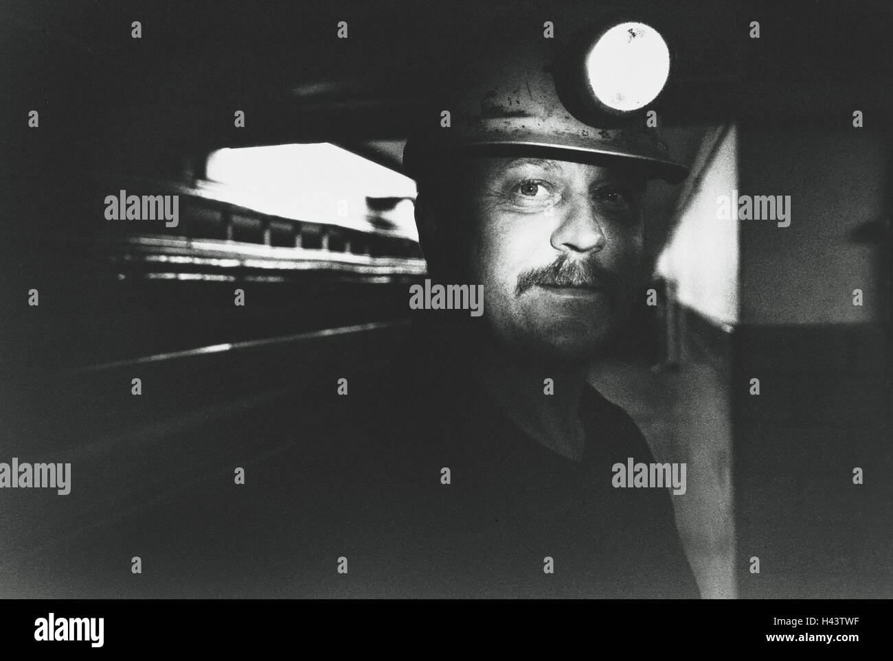 Mine workers, lamp, portrait, smiling, b/w Stock Photo - Alamy