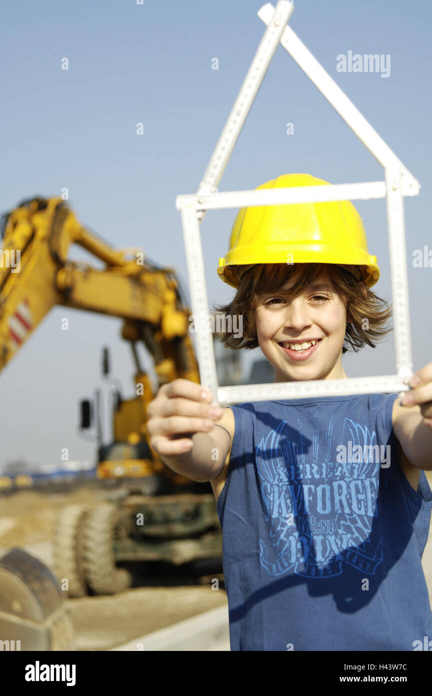 Child, boy, men at work, folding rule, house, career plans ...