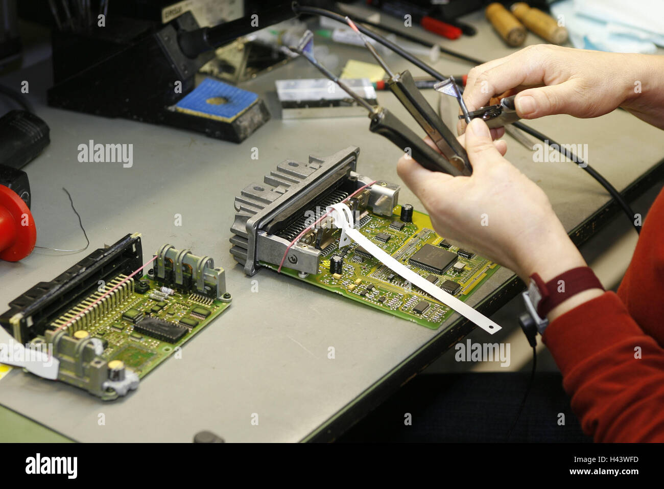 Woman, detail, hands, work, to board, operation, electronics, vehicle ...