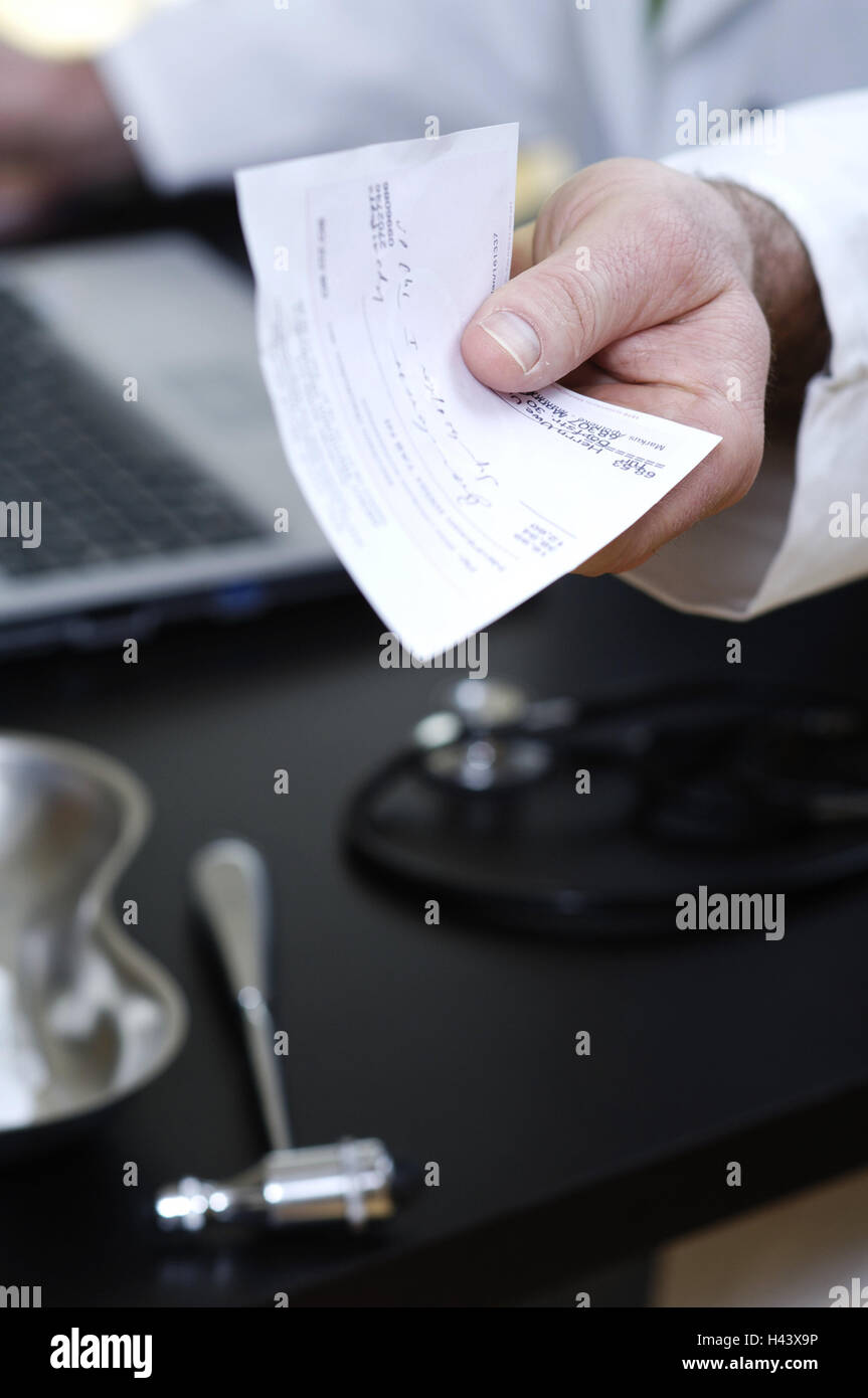 Doctor, desk, recipe, hand, detail, person, man, medicine, health ...