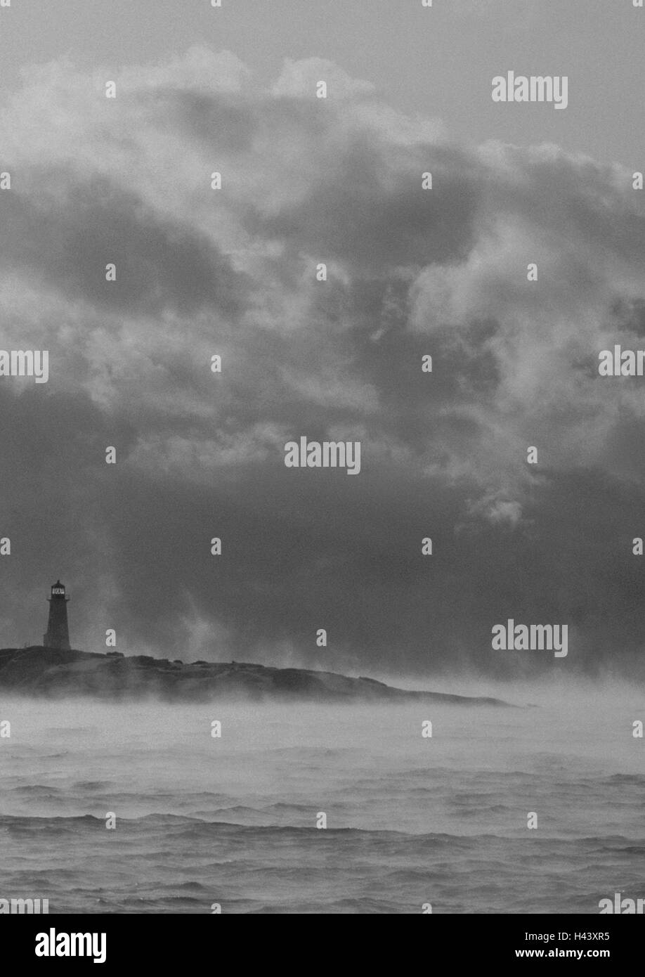 Sea, stormily, coast lighthouse fogs, b/w Stock Photo - Alamy
