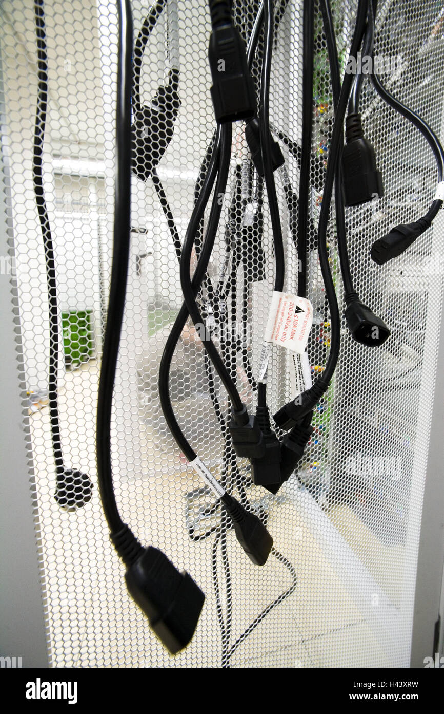 Computer centre, network cupboard, detail, electric cable, black ...