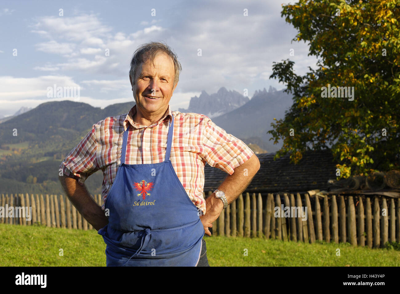 Italy, South Tyrol, man, local, apron, smile, view camera Stock Photo ...