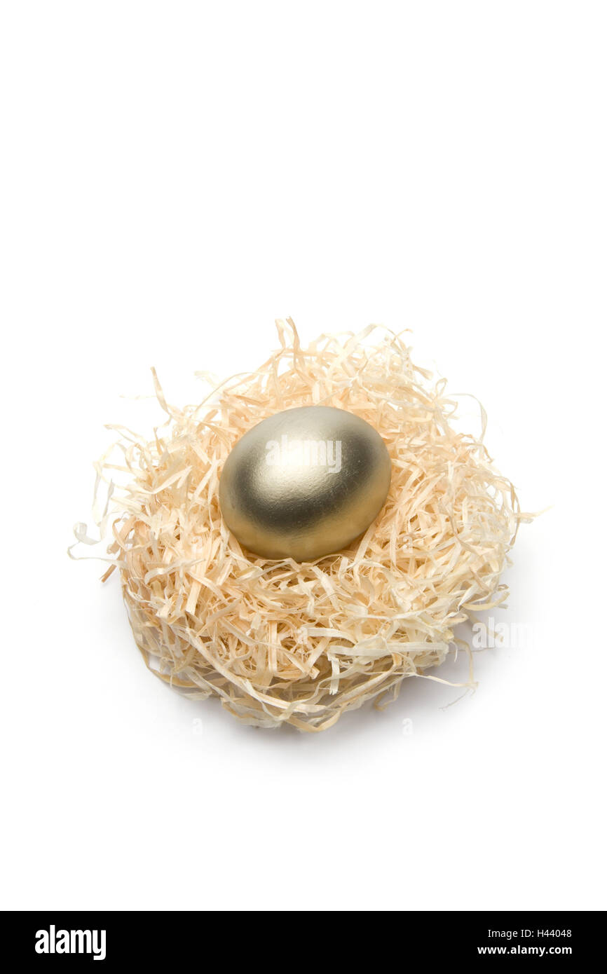 Golden egg, straw nest, cut out Stock Photo - Alamy