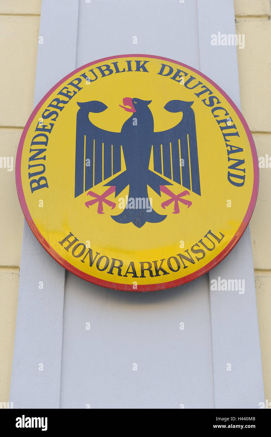 Austria, Upper Austria, Linz, house facade, sign, fee consul, the ...