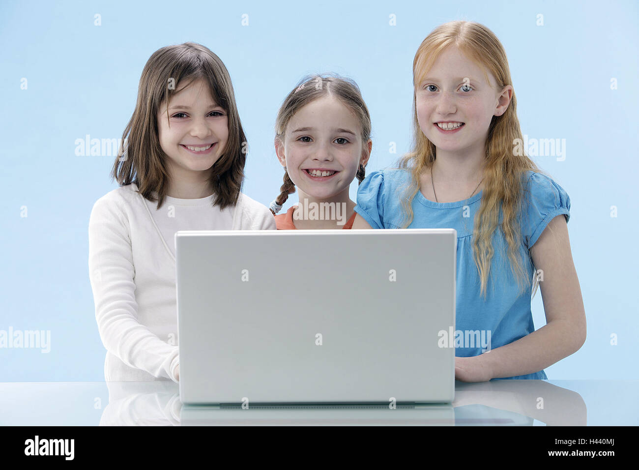 Girls, three, laptop, data entry, portrait Stock Photo - Alamy