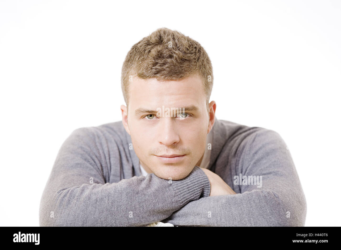 Man, young, arms crossed, resting head, portrait, model released Stock ...